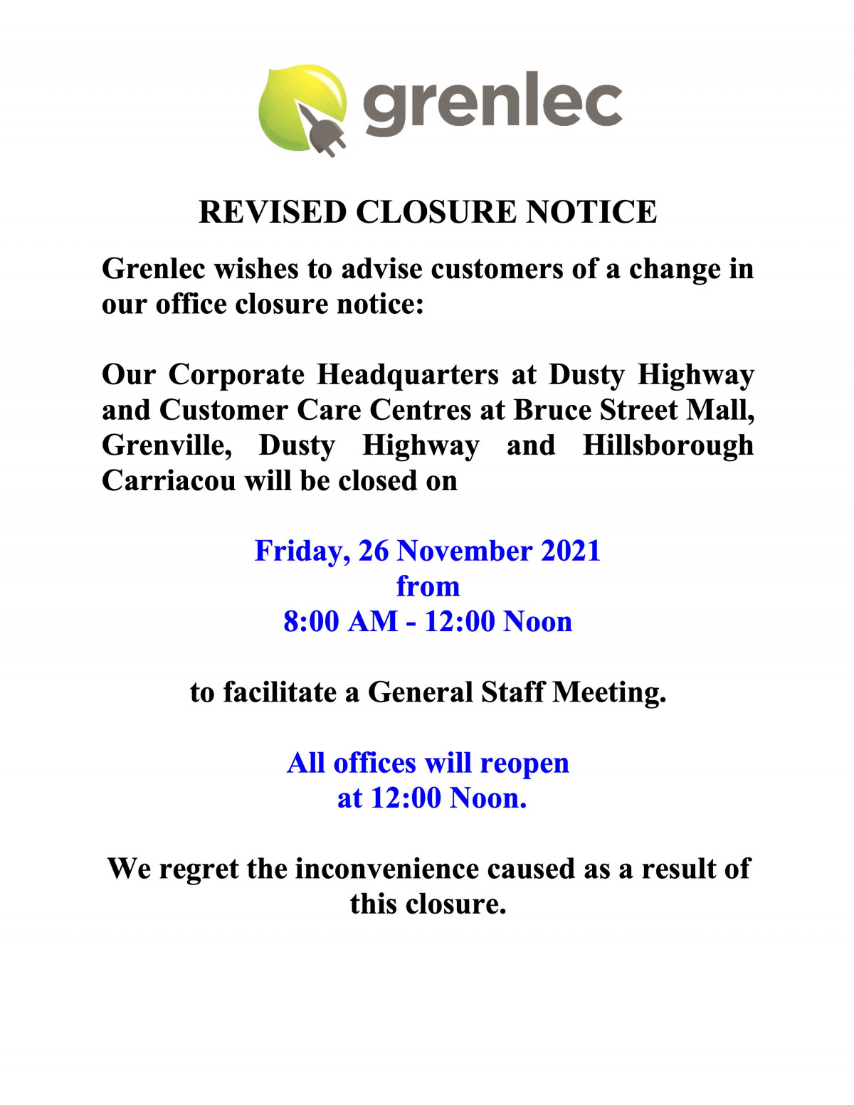 Closure Notice – GRENLEC