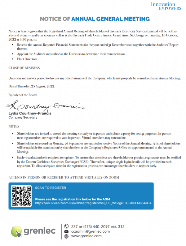 NOTICE OF ANNUAL GENERAL MEETING – GRENLEC